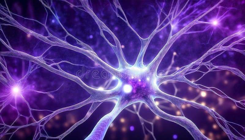 Neuron with Complex Network of Axons and Dendrites, Glowing Purple and ...