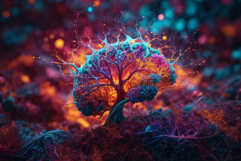 A Neuron Net Inside of Brain, Shimmering with a Vibrant Rainbow of ...