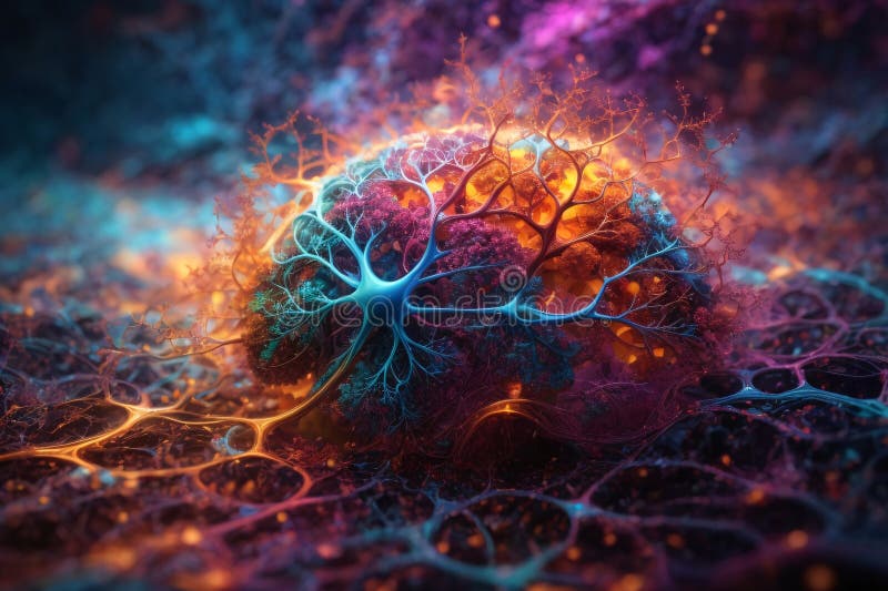 A Neuron Net Inside of Brain, Shimmering with a Vibrant Rainbow of ...