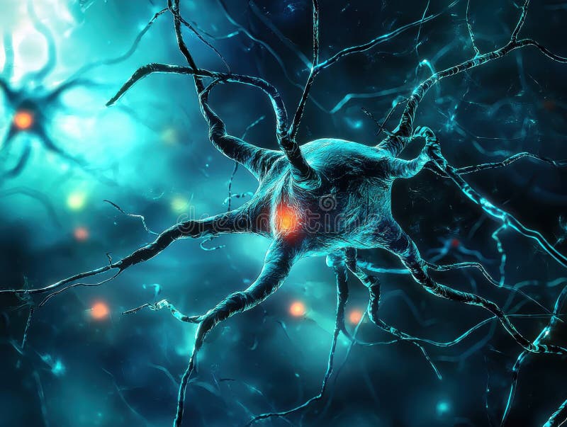 Neuron Structure with Glowing Red Light Emanating from the Center of ...