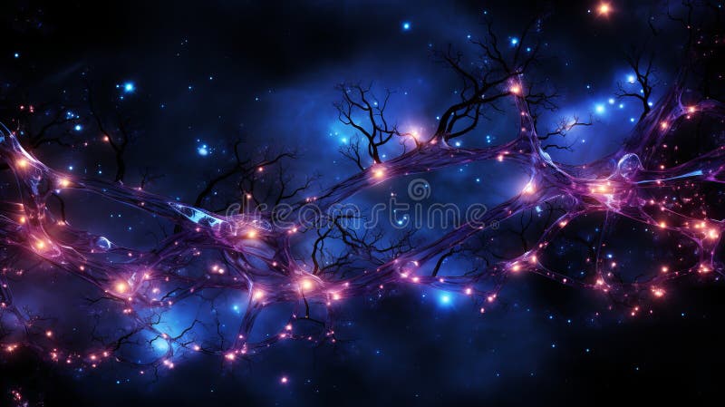 Neurons in a Dark Space with Glowing Lights Stock Illustration ...