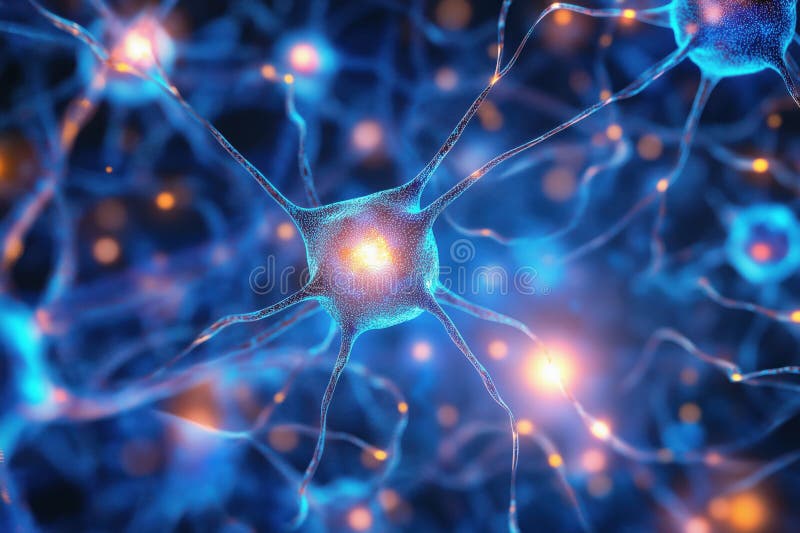 Neurons Interconnected in Blue and Orange Hues, Showcasing Neural ...