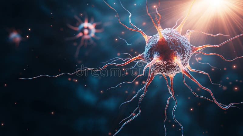 Neurons with Intricate Structures on Dark Blue Background Illuminated ...