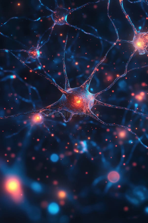 Neurons and Synapses in Neural Network, Glowing Connections, Blue and ...