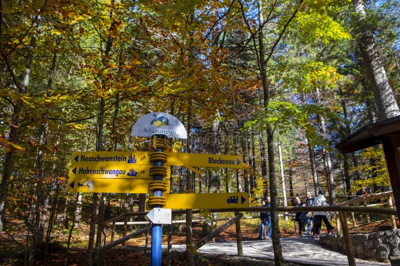Germany, Neuschwanstein Castle, Maple Forest, Forest Trail, Road Sign ...