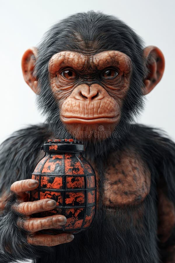 Curious Chimpanzee Holding an Old Grenade in a Neutral Setting, Showcasing Unusual Juxtaposition ...