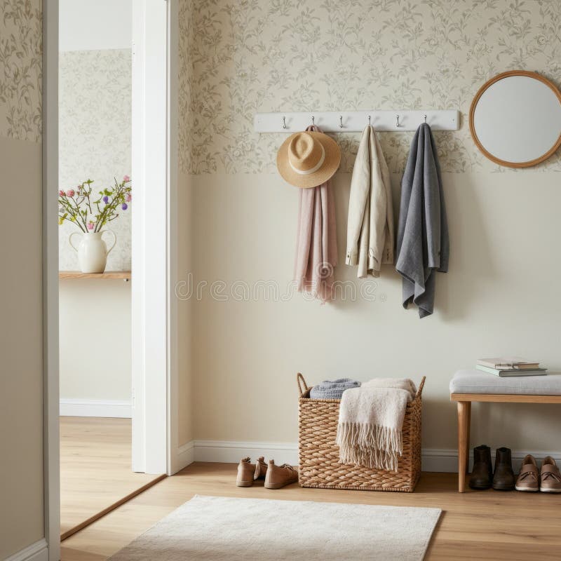 Neutral Beige Hallway Interior Design with Floral Wallpaper Stock Image ...