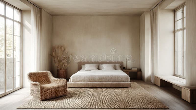Neutral Beige Minimalist Bedroom Interior Design Stock Illustration ...