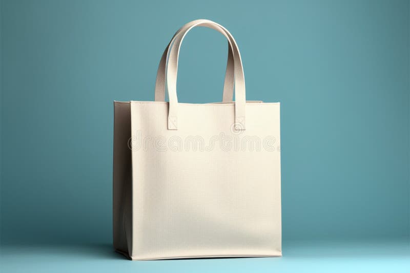 Neutral Canvas White Paper Bag with Handle on Beige Background Stock ...