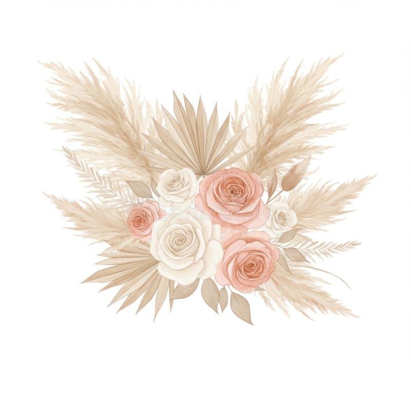 Neutral Colored Rose and Pampas Grass Bouquet Stock Illustration ...