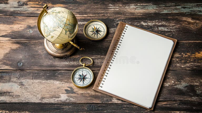 A Neutral Desk Setup with a Globe, Compass, and a Blank Journal Stock ...