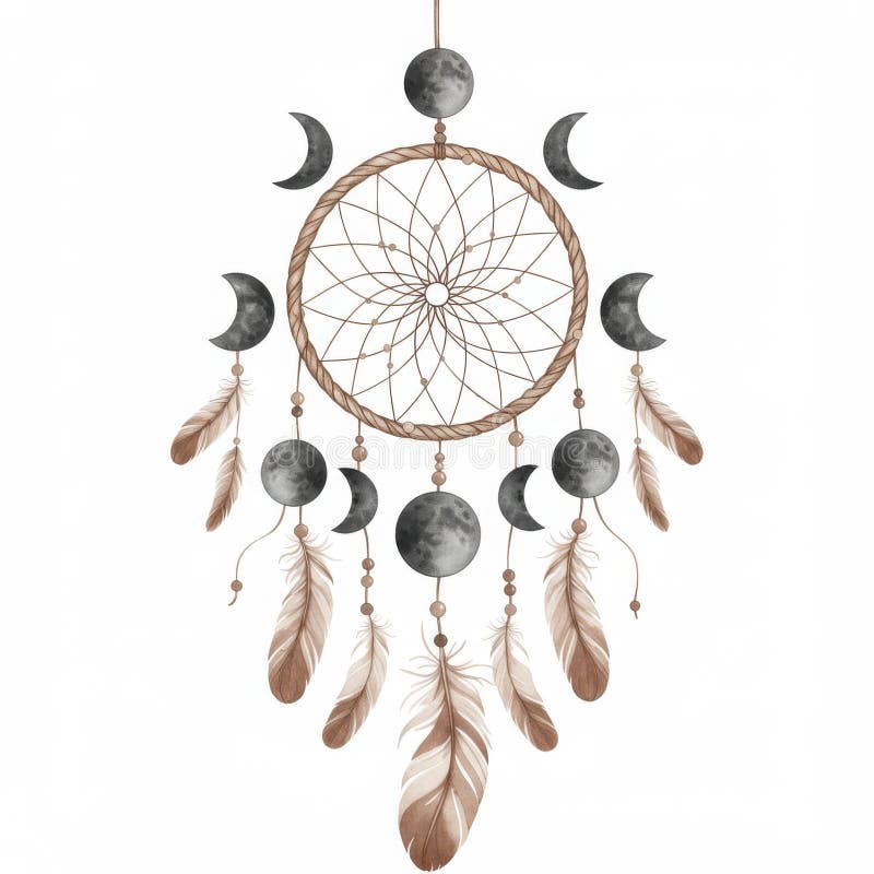 Neutral Dreamcatcher with Moon Phases and Feathers Stock Illustration ...