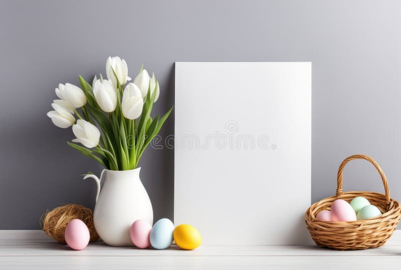 Neutral Easter Card Mockup with Spring Flowers and Eggs Stock Photo ...