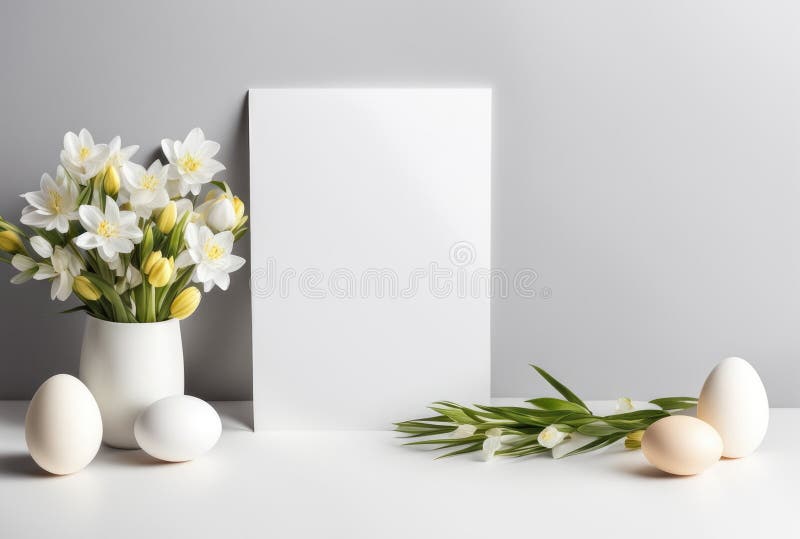 Neutral Easter Card Mockup with Spring Flowers and Eggs Stock Image ...
