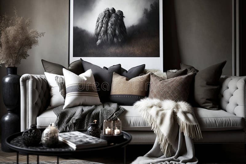 Neutral Hued, Layered Interior Design with a Sofa Cushion and Throw ...