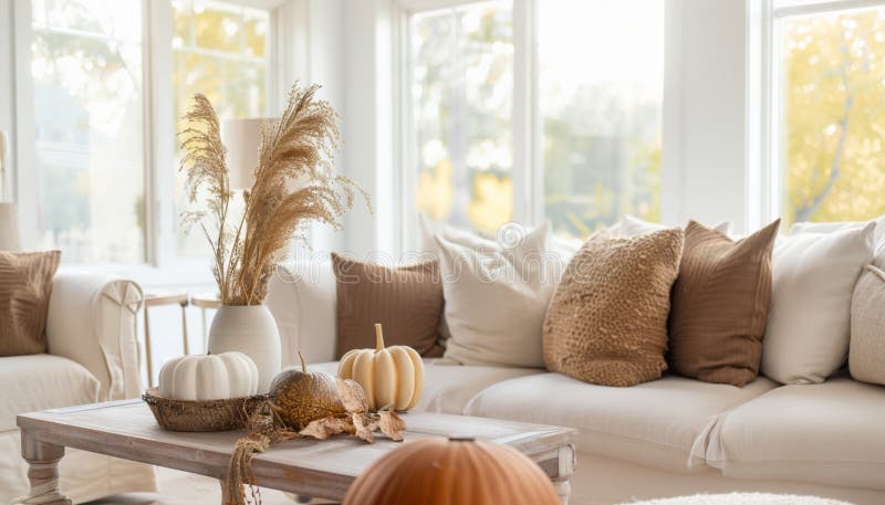 Neutral Living Room with Fall Decor Stock Illustration - Illustration ...