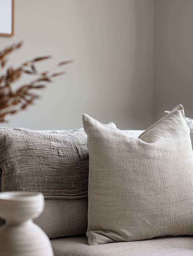 Neutral Pillows on a Couch in a Minimalist Living Room. Stock Image ...