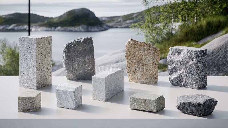 Neutral Stone Samples and Abstract Sculptures Rest on a White Shelf ...