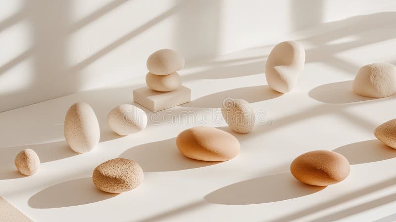 Neutral Stone Samples and Abstract Sculptures Rest on a White Shelf ...