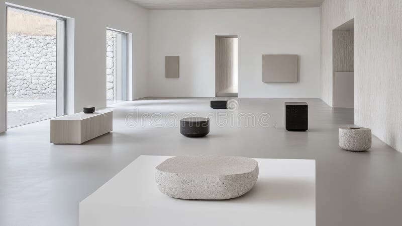 Neutral Stone Samples and Abstract Sculptures Rest on a White Shelf ...