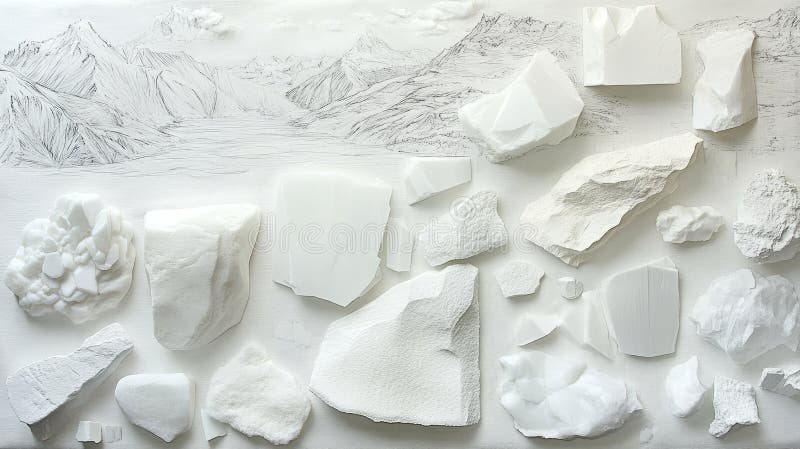 Neutral Stone Samples and Abstract Sculptures Rest on a White Shelf ...