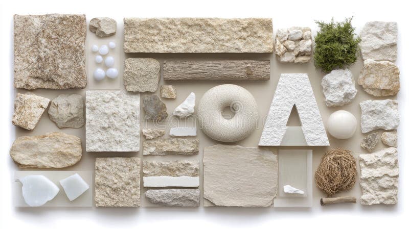 Neutral Stone Samples and Abstract Sculptures Rest on a White Shelf ...
