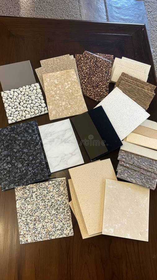 Neutral Stone Samples and Abstract Sculptures Rest on a White Shelf ...