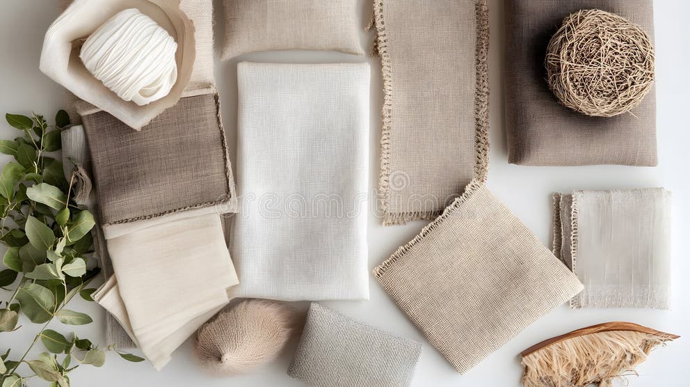 Neutral Textile Samples Textured Fabrics and Natural Greenery Stock ...