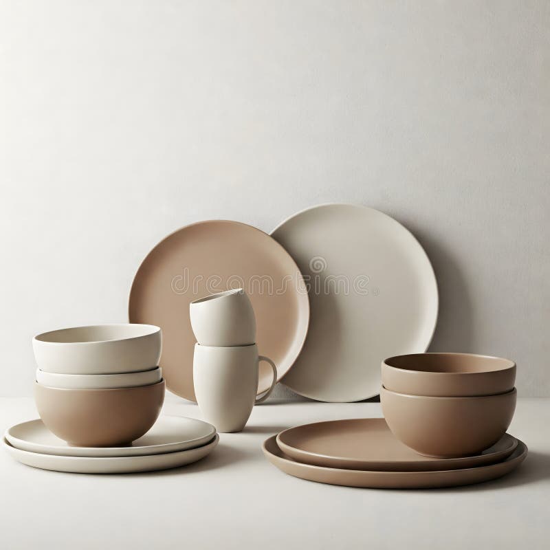 Neutral Toned Dinnerware Set with Plates, Bowls, and Mugs on a Plain ...