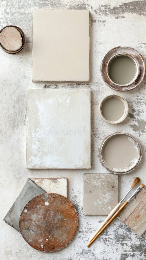 Neutral-toned Paint Samples and Brushes Arranged on a Textured Surface ...