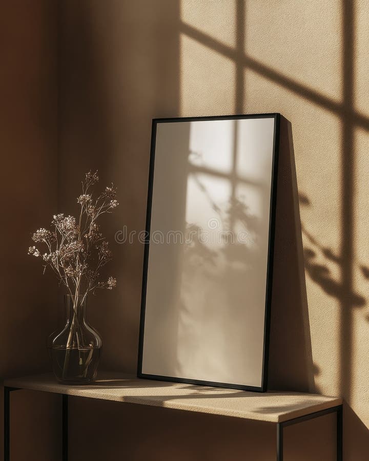Blank Rectangular Mirror with Dried Flowers in Sunlight Filled Room ...