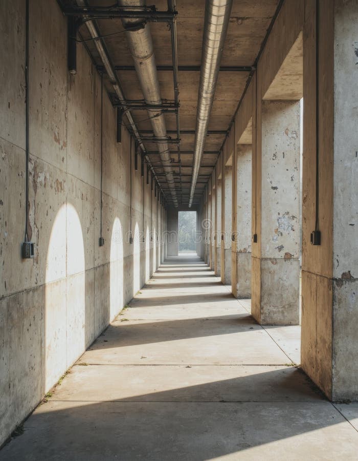 Neutral Utility Corridor Featuring Conduit Runs and Natural Light Stock ...