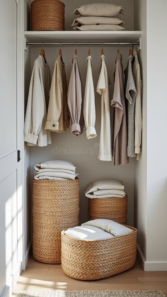Neutral Wardrobe with Woven Baskets and Cozy Textiles in Minimalist ...