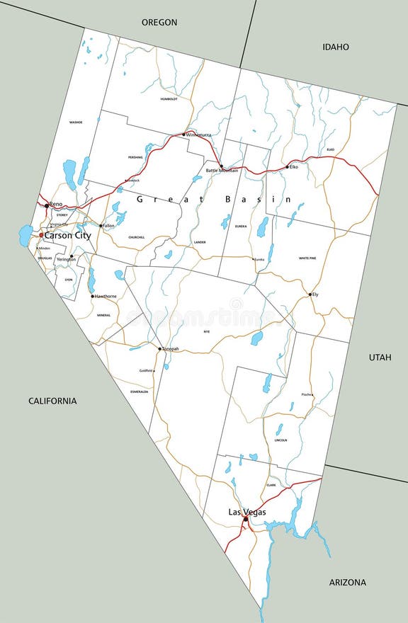 Detailed Nevada Road Map with Labeling. Stock Vector - Illustration of ...