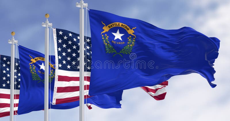 Nevada State Flag and American Flag Waving Outdoors Together. 3D Render ...