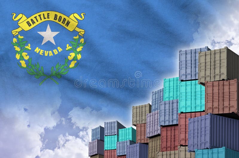 Nevada US State Flag and Big Stack of Shipping Cargo Containers in ...