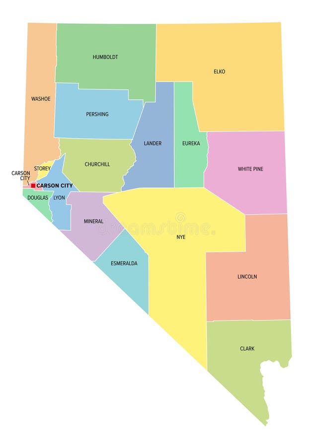 Nevada, U.S. State, 16 Counties and Carson City, Multi Colored Map ...
