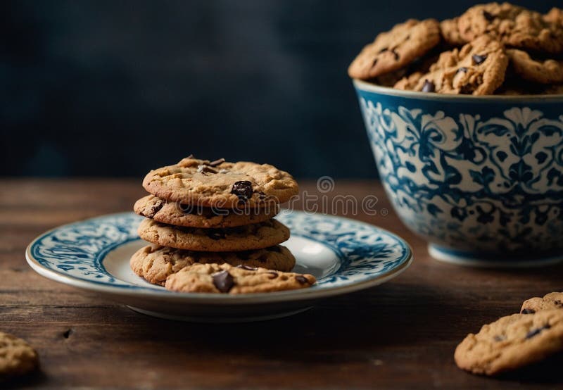 Cozy Indulgence: Chocolate Chip Cookies on a Plate Stock Illustration ...