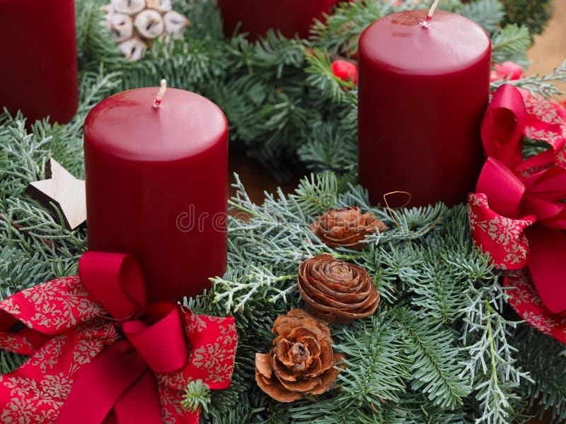 New Advent Wreath with Real Red Candles and Christmas Decorations Stock ...