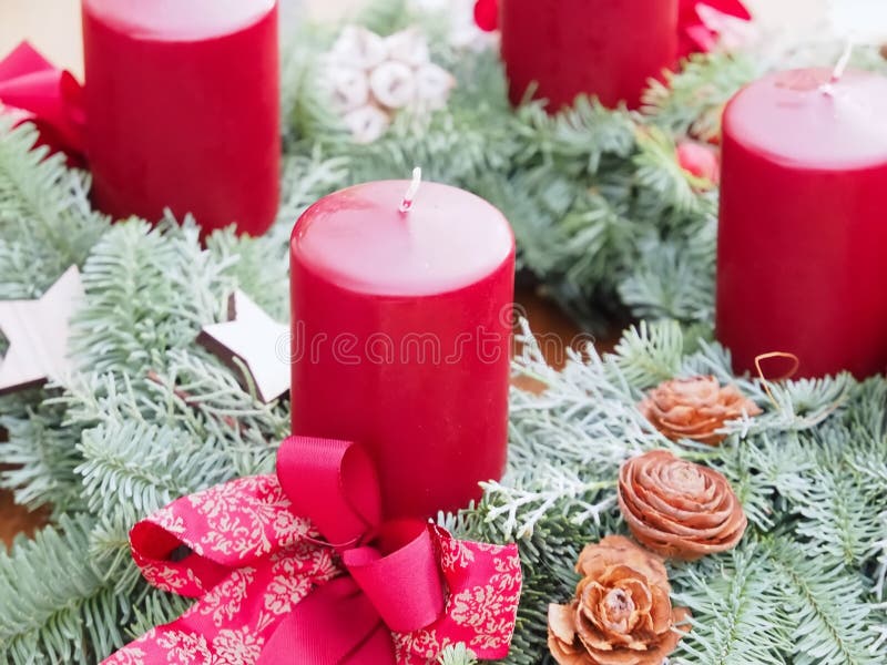 New Advent Wreath with Real Red Candles and Christmas Decorations Stock ...