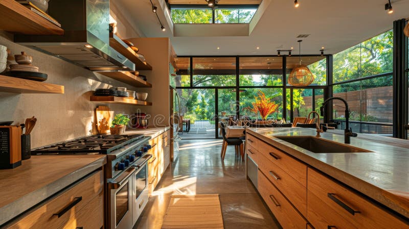 New Age Minimalism, Large Kitchen with Sleek Design, Open Shelves, and ...