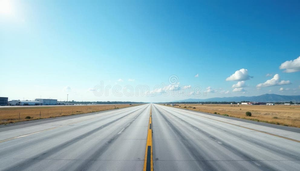 New Airport Runway Under Blue Sky, Construction in Progress, Horizon ...