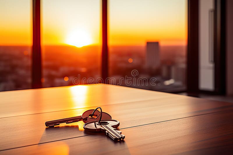 New Apartment Keys Rest on Table Amid Sunset Glow and Expansive Windows ...