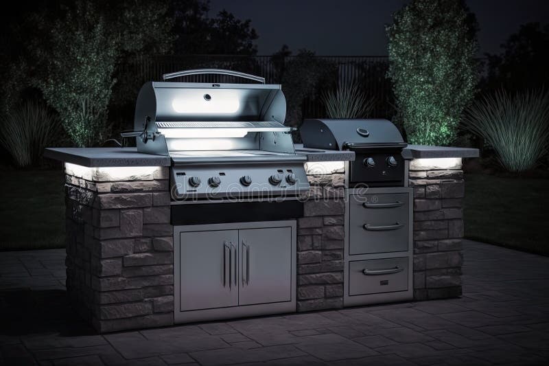 New Beautiful Kitchen Barbecue with Lit Backyard Grill Stock ...