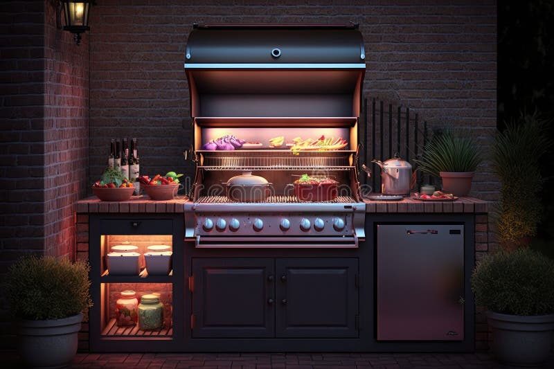 New Beautiful Kitchen Barbecue with Lit Backyard Grill Stock ...