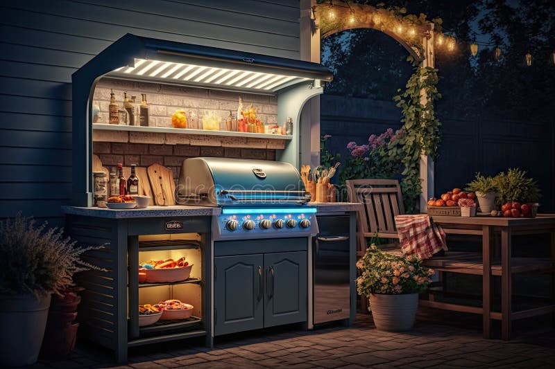 New Beautiful Kitchen Barbecue with Lit Backyard Grill Stock ...
