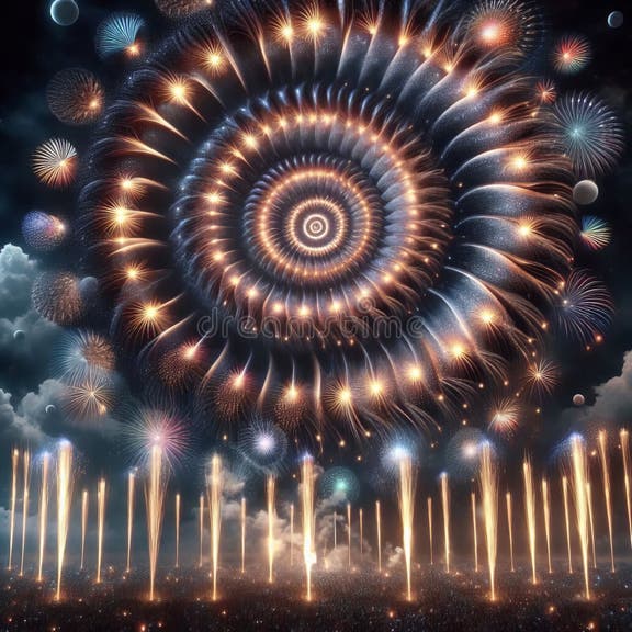 140 66. Spiral Shells_ Large, Spherical Fireworks that Stock Photo ...