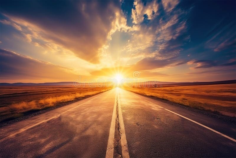 A New Beginning into a Sunny Future. Driving on Asphalt Road Towards ...
