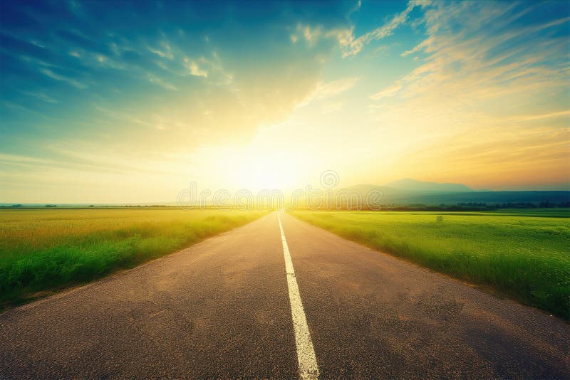 A New Beginning into a Sunny Future. Driving on Asphalt Road Towards ...