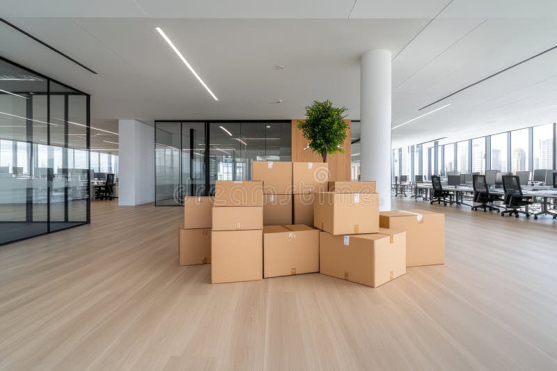 New Beginnings: Boxes in Open Concept Office Relocation Stock ...